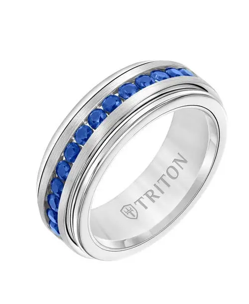 TRITON 8mm Tungsten Carbide Sapphire Eternity Ring - Metallic Silver