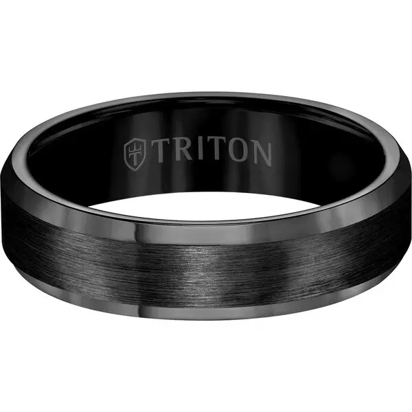 TRITON 6mm Tungsten Carbide Ring With Satin Center And Bevel Edge - Black