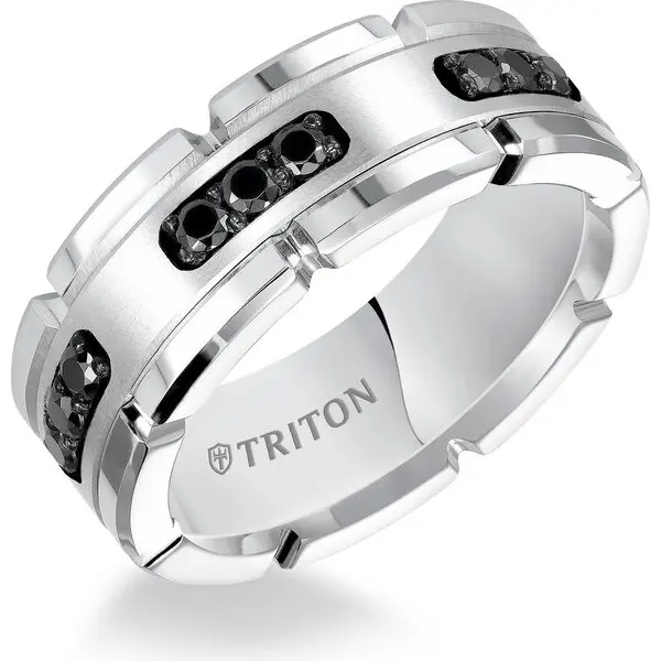 TRITON Flat Edge Band With Brushed Center And Black Sapphires - Metallic Silver