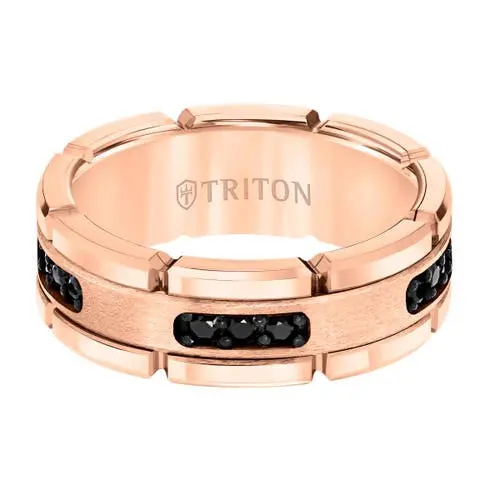 TRITON Flat Edge Band With Brushed Center And Black Sapphires - Pink