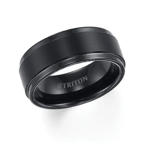 TRITON 6mm Tungsten Carbide Ring With Satin Finish Center And Step Edge - Black