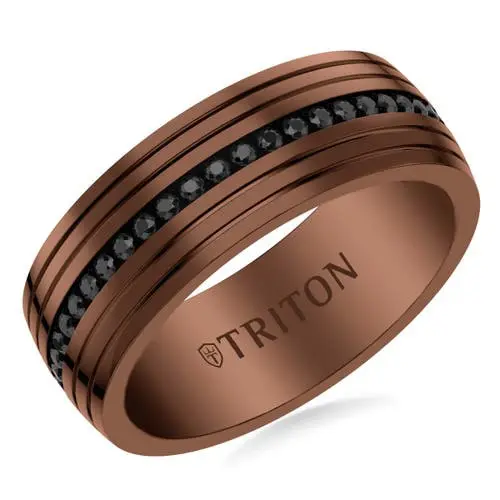 TRITON 8mm Espresso Tungsten Band With Black Sapphire And Black Tungsten Inlay - Brown