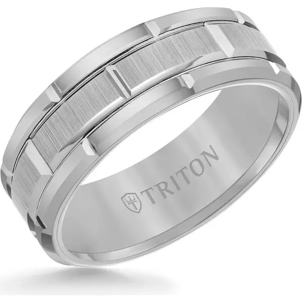 TRITON 8mm Tungsten Carbide Band With Brick Pattern - Metallic Silver
