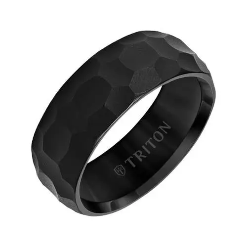 TRITON 8mm Tungsten Carbide Ring With Hammered Edge - Black