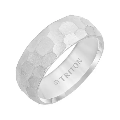 TRITON 8mm Tungsten Carbide Ring With Hammered Edge To Edge - Metallic Silver