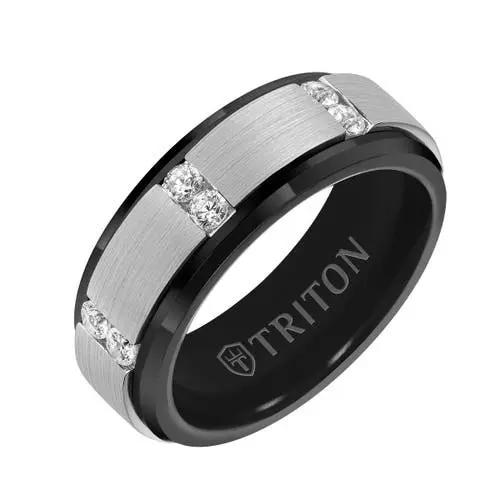 TRITON 8mm Diamond Ring In Tungsten With Silver Satin Finish