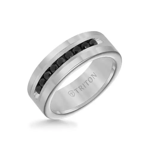 TRITON 8mm Silver Ring With Black Diamonds - Metallic Silver