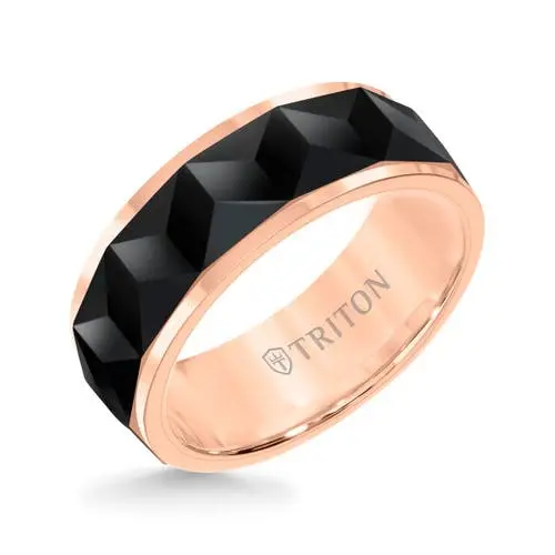 TRITON 8mm Tungsten Carbide Ring With Faceted Chevron Pattern And Bevel Edge - Pink