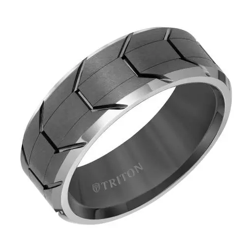 TRITON 8mm Tungsten Carbide Ring With Tire Tread Center - Metallic Silver