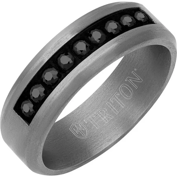 TRITON 7mm Tantalum Ring With Black Sapphires - Metallic Silver
