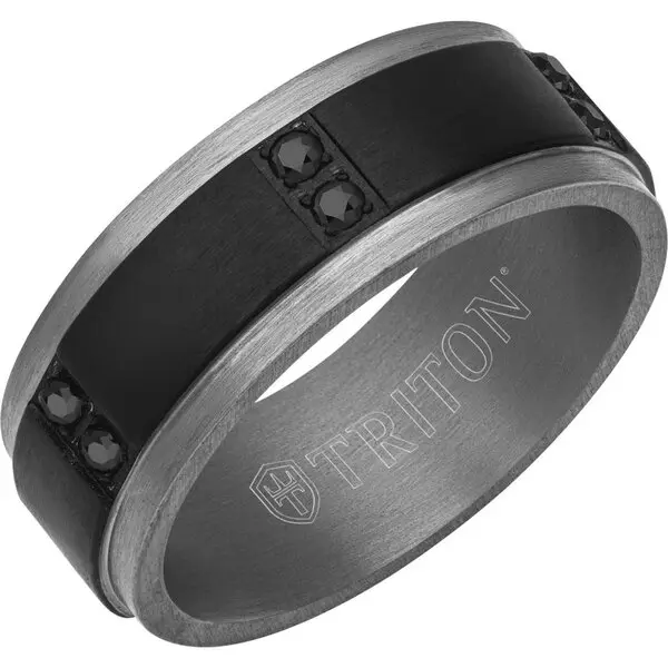 TRITON 8mm Tantalum Ring With Vertical Channel Set Black Sapphires And Flat Edge - Metallic Silver