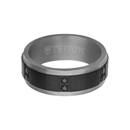 TRITON 8mm Tantalum Ring With Vertical Channel Set Black Sapphires And Flat Edge