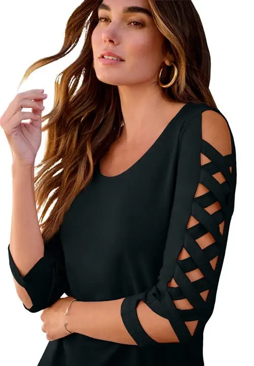 Roaman's Lattice Sleeve Scoopneck Tee - Black
