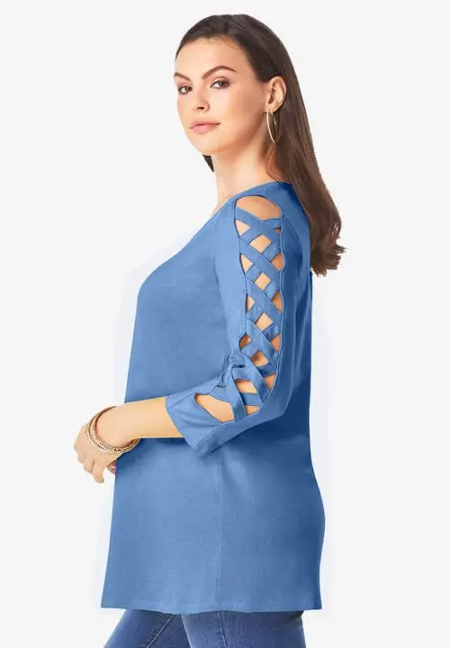 ROAMAN'S Lattice Sleeve Scoopneck Tee