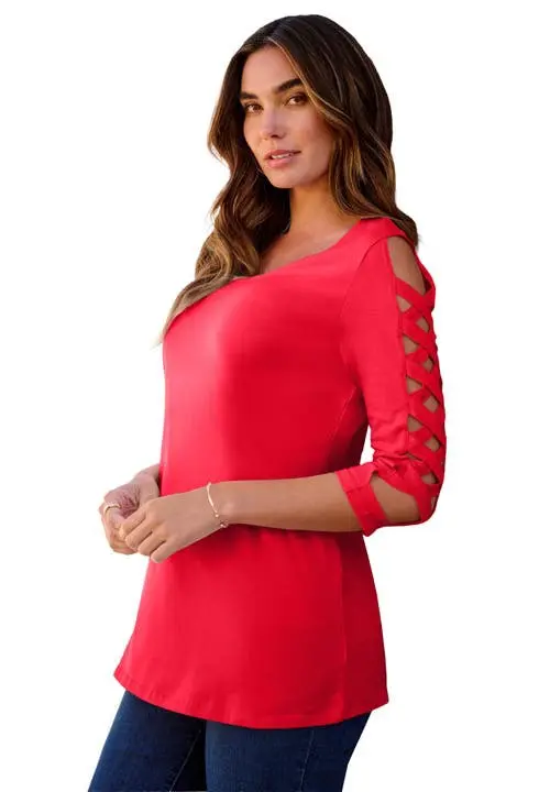 Roaman's Lattice Sleeve Scoopneck Tee - Classic Red