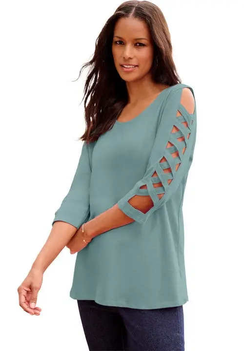 Roaman's Lattice Sleeve Scoopneck Tee - Cool Sage