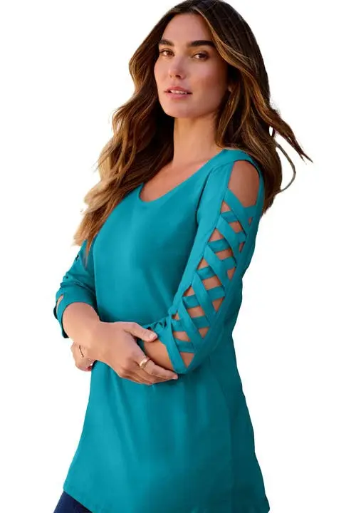 Roaman's Lattice Sleeve Scoopneck Tee - Deep Turquoise