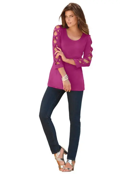 Roaman's Lattice Sleeve Scoopneck Tee - Raspberry