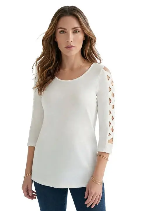 Roaman's Lattice Sleeve Scoopneck Tee - White