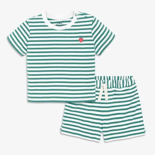 PRIMARY Baby Stripe Embroidered Set - Sunwashed Teal White Stripe