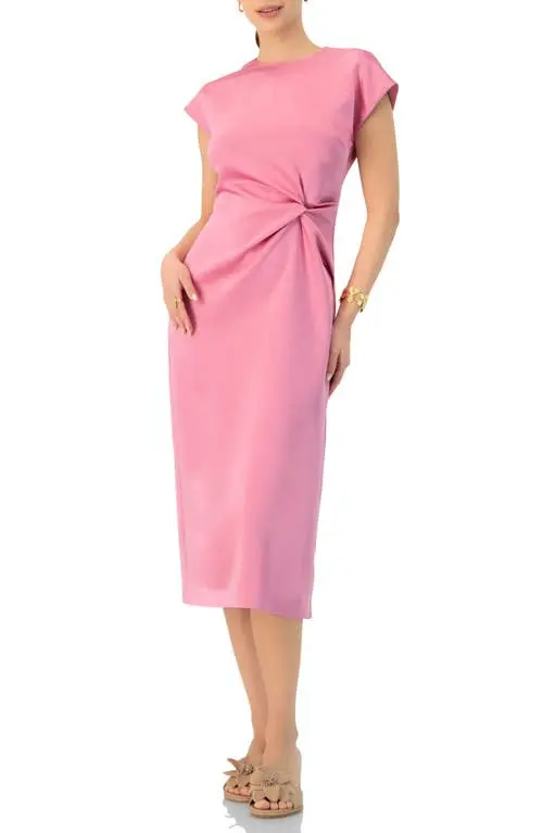 IVONNE Midi Off-shoulder Straight Satin Dress With Side Knot - Pink