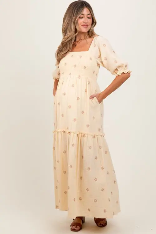 PINKBLUSH Floral Smocked Puff Sleeve Maxi Dress - Cream
