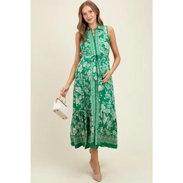 PINKBLUSH Floral Border Print Lapel Button Down Maxi Dress - Green
