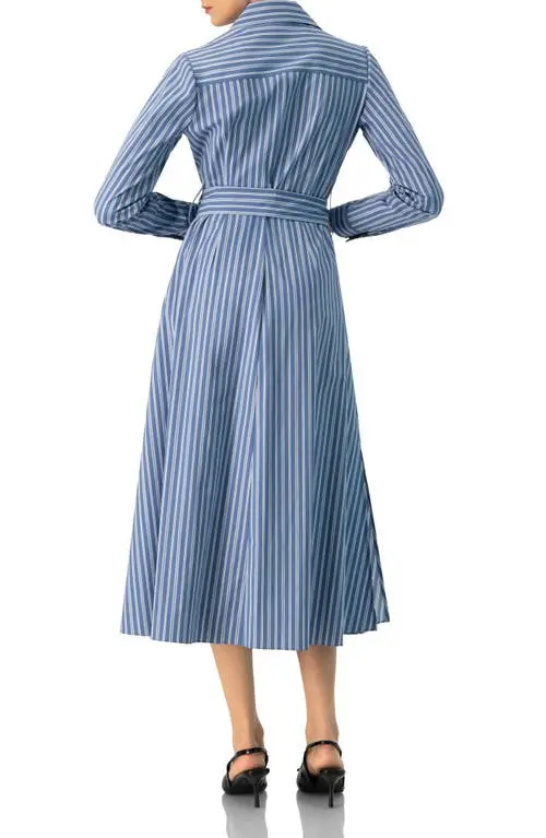 IVONNE Striped Collared Midi Shirt Dress With Waist Tie