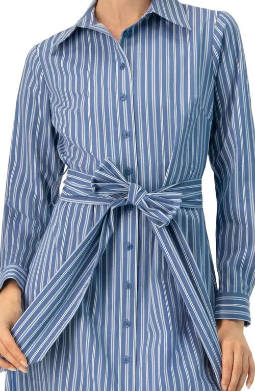 IVONNE Striped Collared Midi Shirt Dress With Waist Tie
