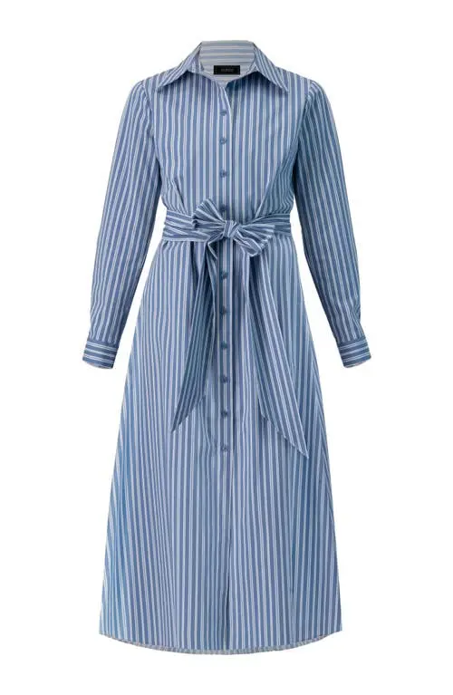 IVONNE Striped Collared Midi Shirt Dress With Waist Tie