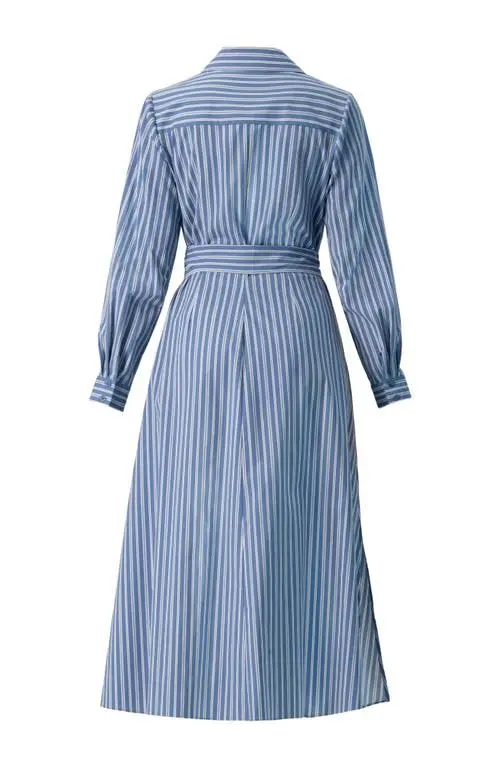 IVONNE Striped Collared Midi Shirt Dress With Waist Tie