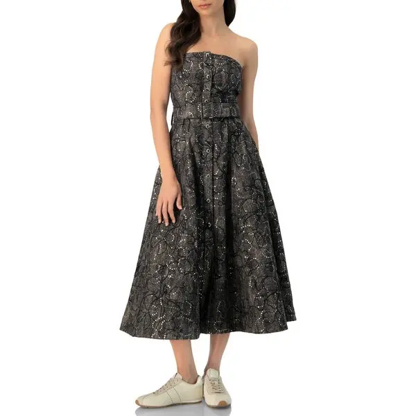IVONNE Fantasy Denim Midi Strapless Dress - Black