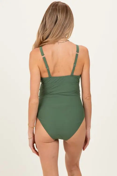 PINKBLUSH Embroidered V-neck Maternity One Piece Swimsuit - Light Olive
