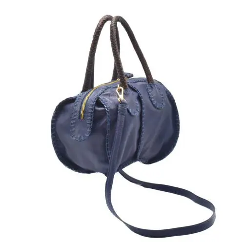 Carlos Falchi Mini Barrel Leather Bag With Woven Handles - Navy