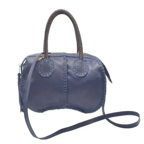 Carlos Falchi Mini Barrel Leather Bag With Woven Handles - Navy