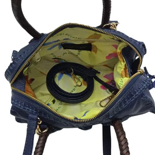 Carlos Falchi Mini Barrel Leather Bag With Woven Handles - Navy