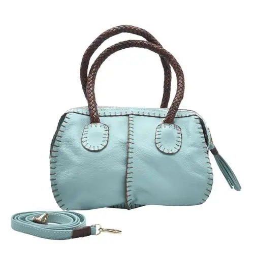 Carlos Falchi Mini Barrel Leather Bag With Woven Handles - Teal