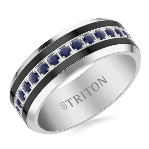 TRITON 8mm Tungsten Carbide Sapphire Eternity Ring - Blue
