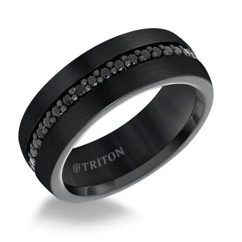TRITON 8mm Tungsten Ring With White Sapphire Accents - Black