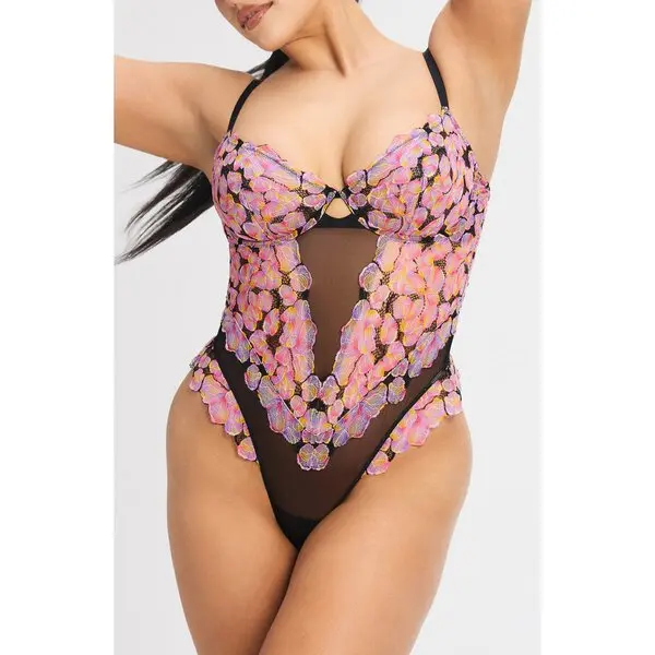 SAVAGE X FENTY Sun Tide Floral Lace Underwire Teddy - Black Caviar