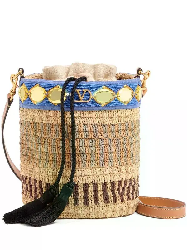 Valentino Garavani Small Embroidered Raffia Bucket Bag - Neutrals