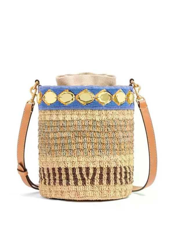 Valentino Garavani Small Embroidered Raffia Bucket Bag - Neutrals
