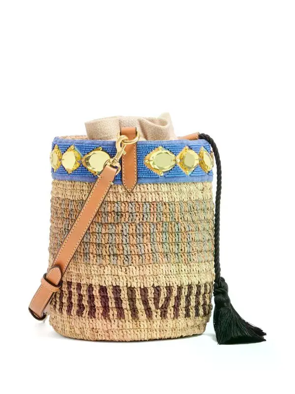Valentino Garavani Small Embroidered Raffia Bucket Bag - Neutrals