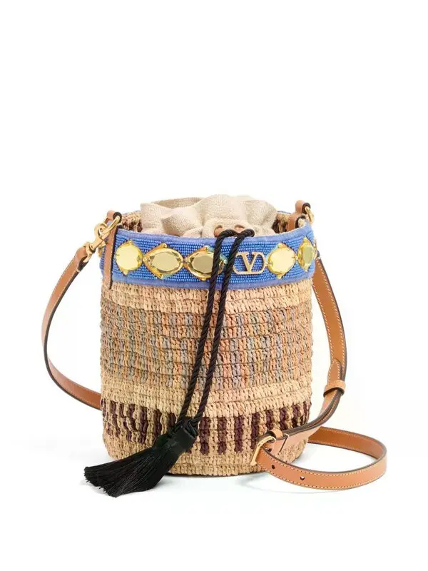 Valentino Garavani Small Embroidered Raffia Bucket Bag - Neutrals
