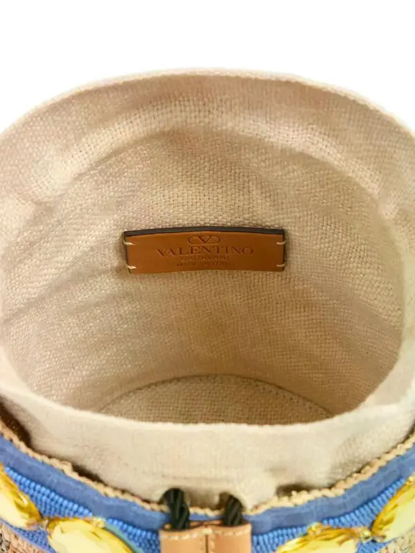 Valentino Garavani Small Embroidered Raffia Bucket Bag - Neutrals