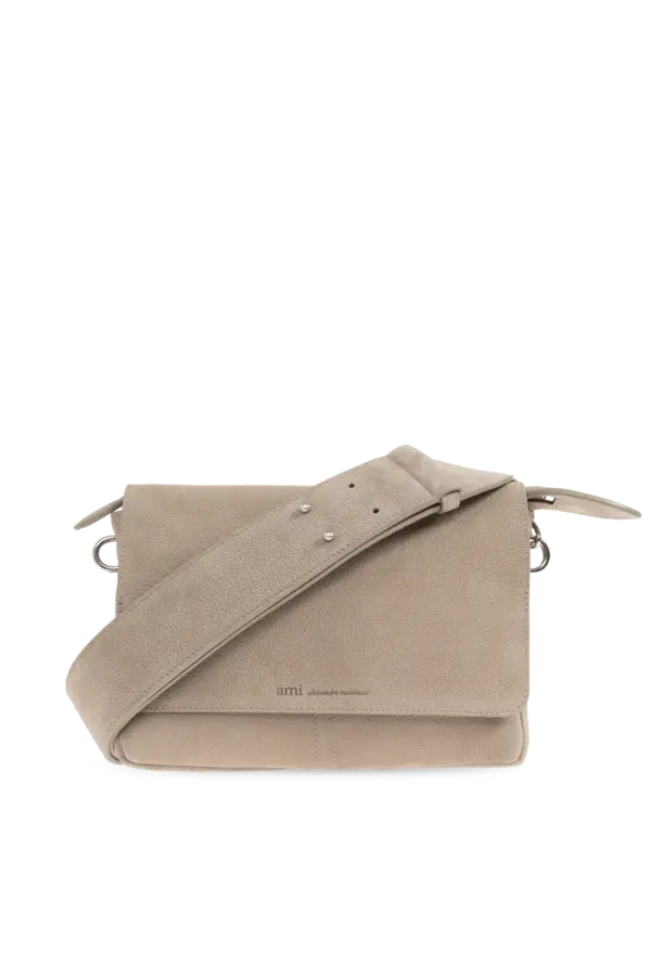AMI Paris Leather Shoulder Bag With Logo - Beige