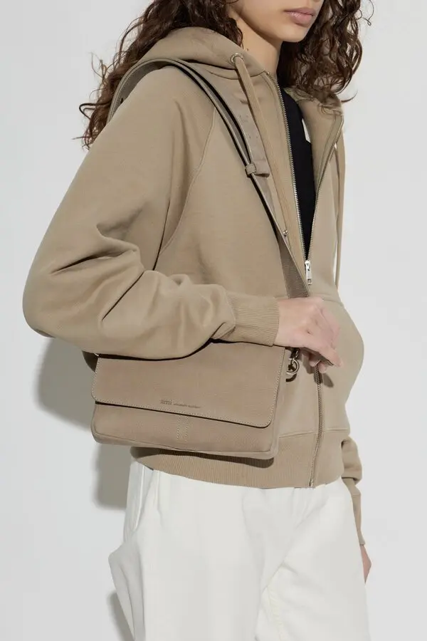 AMI Paris Leather Shoulder Bag With Logo - Beige