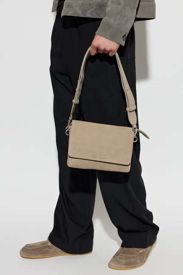 AMI Paris Leather Shoulder Bag With Logo - Beige
