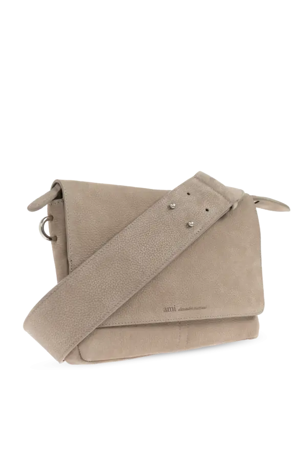 AMI Paris Leather Shoulder Bag With Logo - Beige