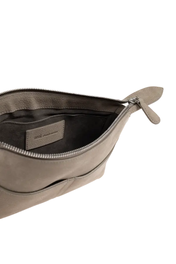 AMI Paris Leather Shoulder Bag With Logo - Beige
